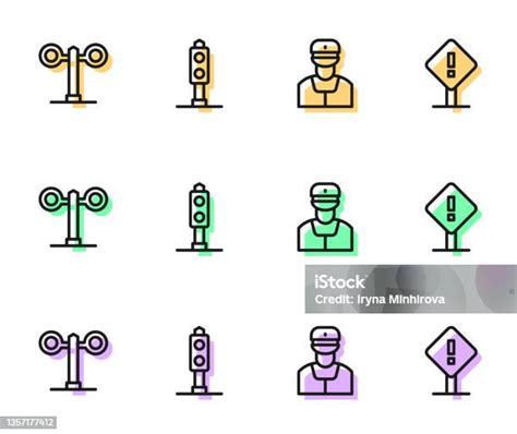 세트 라인 트레인 컨덕터 신호등 및 느낌표 사각형 아이콘을 설정합니다 벡터 0명에 대한 스톡 벡터 아트 및 기타 이미지 0명