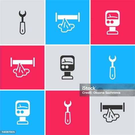 렌치 스패너 깨진 파이프 및 압력 수량계 아이콘을 설정합니다 벡터 계기판 측정기에 대한 스톡 벡터 아트 및 기타 이미지 계기판 측정기 관 튜브 관로 Istock
