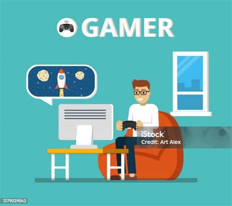 빈백에 앉아 있는 남자는 게임 패드를 들고 비디오 게임을 합니다 게이머 개념 플랫 벡터 그림입니다 Brand Name Video Game에 대한 스톡 벡터 아트 및 기타