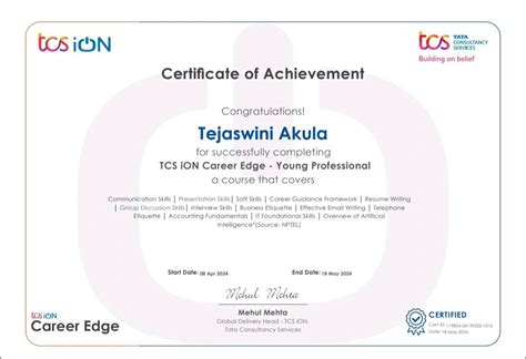 Tejaswini Aakula On Linkedin Finnally I Completed The Tcs Ion Career Edge Young Professional