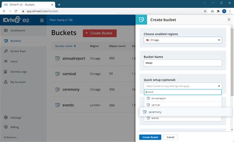 copy existing bucket settings to a new bucket idrive® e2