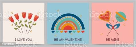 인사말 카드 세트 해피 발렌타인 데이 초대장 사랑의 선언 사탕 하트 장미 무지개가 있는 사각형 템플릿입니다 텍스트가 있는 벡터 그림입니다 14에 대한 스톡 벡터 아트 및
