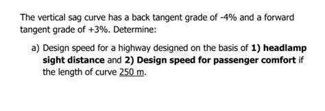 Solved The Vertical Sag Curve Has A Back Tangent Grade Of Chegg