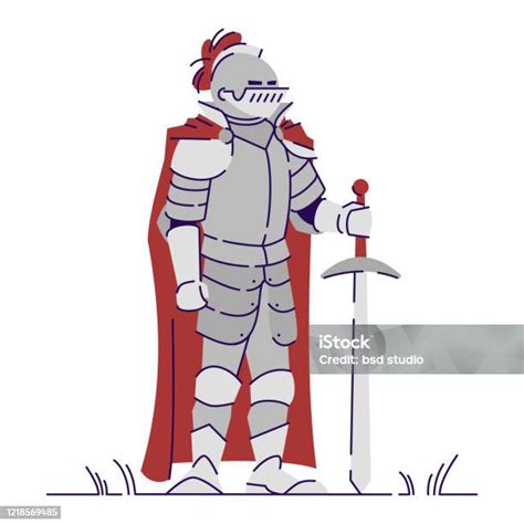 중세 기사 중세 기사 중금속 갑옷 플랫 벡터 일러스트 흰색 배경에 윤곽 요소와 칼 고립 만화 캐릭터와 역사적인 전사 중년 군인 판타지 인물 The Crusades에 대한