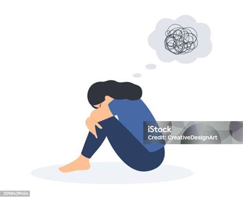 뒤엉킨 생각을 가진 젊은 우울한 여자가 바닥에 앉아 무릎을 껴안고 있습니다 슬픔 우울증 정서적 소진 혼란 및 정신 건강 문제 우울함에 대한 스톡 벡터 아트 및 기타 이미지