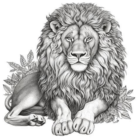 Premium Ai Image A Drawing Of A Lion Laying Down With Leaves Around