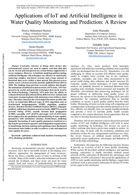 Pdf Applications Of Iot And Artificial Intelligence In Water Quality Monitoring And Prediction