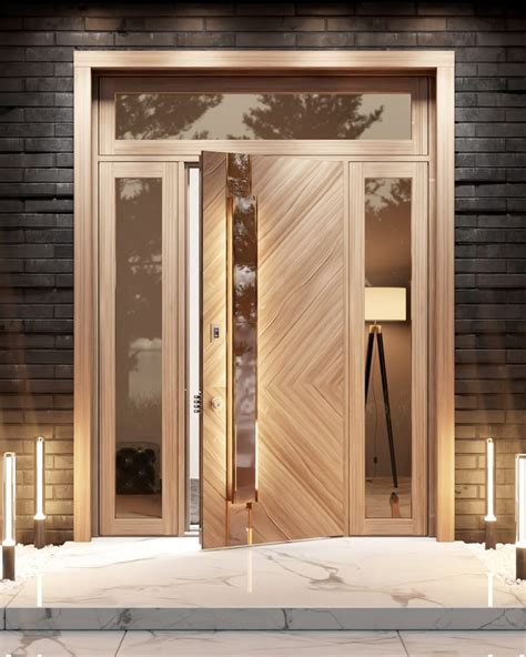 Светлая входная дверь в шпоне с фрамугами Парадные двери Современные двери Деревянные двери