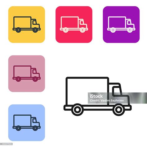 흰색 배경에 격리 된 검은 줄 배달화물 트럭 차량 아이콘 색상 정사각형 단추로 아이콘을 설정합니다 벡터 일러스트레이션 개념에 대한 스톡 벡터 아트 및 기타 이미지 Istock