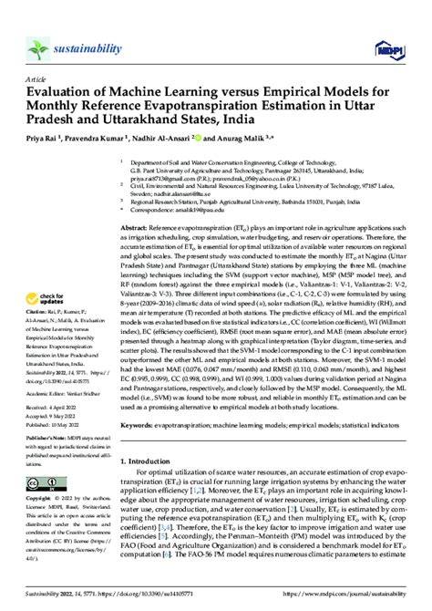 Pdf Evaluation Of Machine Learning Versus Empirical Models For