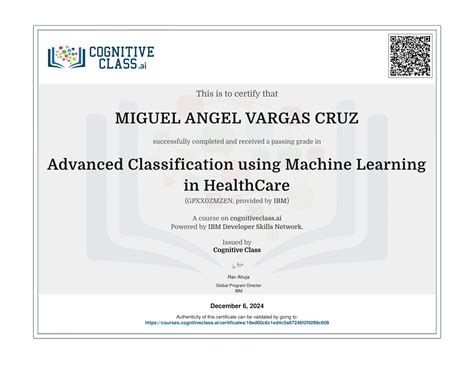 Certificado De Advanced Classification Using Machine Learning In Healthcare Cognitive Class