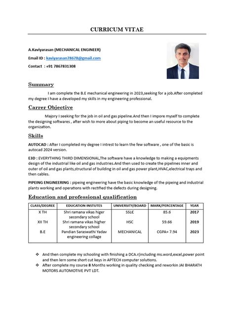 Kaviyarasan Cv With Sign Pdf Engineering