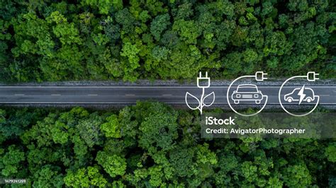 숲을 통과하는 전기 자동차 자동차 Ev 환경을위한 전기 에너지 자연 전력 기술 지속 가능한 개발 목표 녹색 에너지 생태계 생태 건강한 환경 도로 여행 0명에 대한 스톡 사진