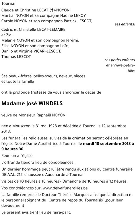 Avis De Décès De José Windels Décédé Le 12092018 à Tournai Annonce