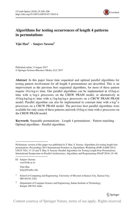 Algorithms For Testing Occurrences Of Length 4 Patterns In Permutations Request Pdf