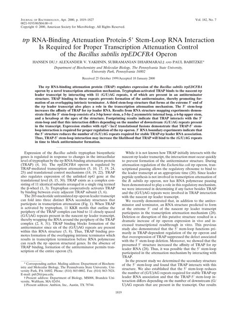 Pdf Trp Rna Binding Attenuation Protein 5 Stem Loop Rna Interaction Is Required For Proper