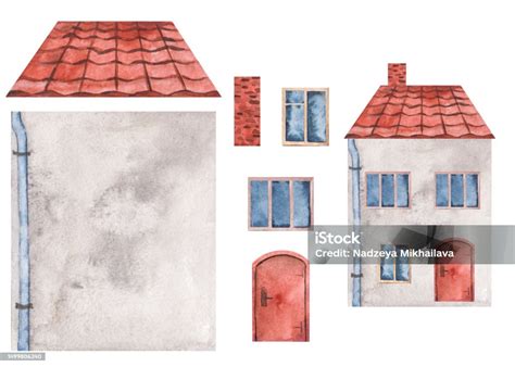 문과 창문 기와 지붕 계단 화분이 있는 수채화 집입니다 흰색 배경에 있는 요소 집합입니다 엽서 책 포스터 어린이 방에 대한 삽화 개체 그룹에 대한 스톡 벡터 아트 및 기타