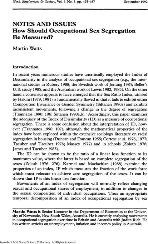 How Should Occupational Sex Segregation Be Measured Martin Watts 1992