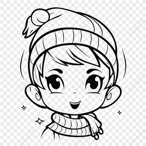 겨울 모자와 스카프 색칠 페이지 개요 스케치 드로잉에 귀여운 만화 소녀 벡터두꺼운 선개요 예술 Png 일러스트 무료 다운로드