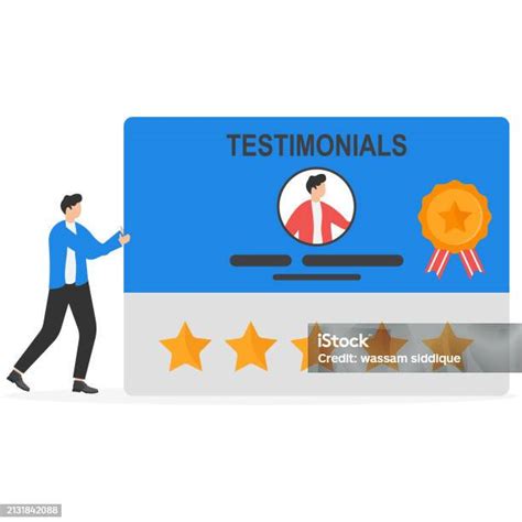 좋은 리뷰로 평가 카드를 밀고 있는 기업가 고객 리뷰 고객 칭찬 또는 의견 또는 피드백 별 5개 등급 메시지 또는 긍정적인 의견 양질의 서비스를 제공합니다 개념에 대한 스톡