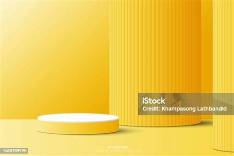 호화스러운 3d 백색 노란 실린더 연단 받침대는 거대한 기둥 또는 극 배경으로 현실적이다 제품 전시 또는 모형을 위한 최소한의 장면 3d 벡터 렌더링 디자인 제품