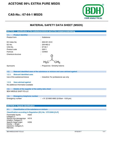 Msds Bdh Acetone Pdf Self Improvement Technology And Engineering