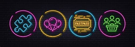 아이스크림 퍼즐 및 패스트 패스 최소 라인 아이콘 웹 응용 프로그램 인쇄용 네온 레이저 3d 조명 벡터 결정에 대한 스톡 벡터