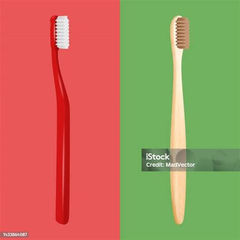 벡터 3d 사실적 붉은 플라스틱과 나무 갈색 대나무 빈 칫솔 Se 디자인 템플릿 모형 치과 건강 관리 위생 선택 생태 개념 앞면 상단 사이드 뷰의 칫솔 3차원 형태에 대한