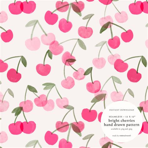 Seamless Cherry Pattern Cottage Core Fabric Digital Paper Summer Hand