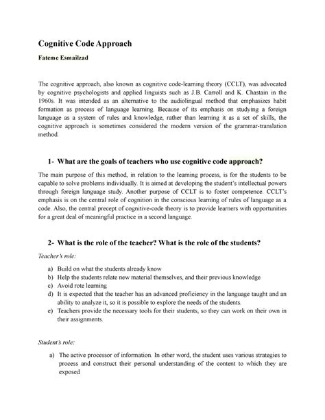 Cognitive Code Theory Cognitive Code Approach Fateme Esmailzad The Cognitive Approach Also