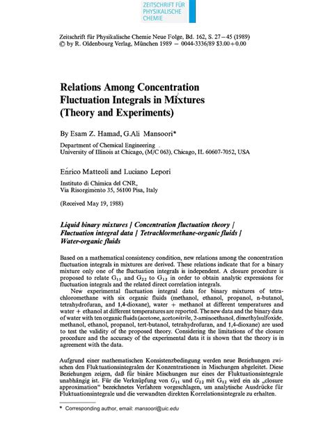 Pdf Relations Among Concentration Fluctuation Integrals In Mixtures Theory And Experiments