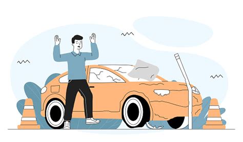 자동차 사고를 당한 남자 젊은 화난 남자가 고장난 운송 수단을 봅니다 도시 거리에서 손상된 자동차와 차량 도로에서 나쁜 운전자 선형 벡터 그림 걱정하는에 대한 스톡 벡터