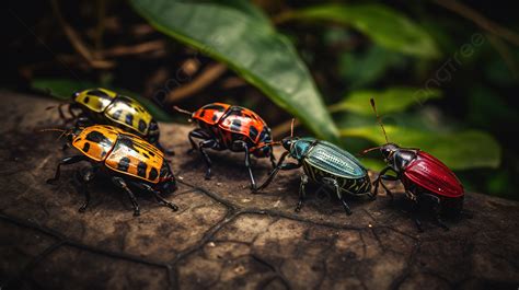 Colorful Bugs Sitting And Resting On A Piece Of Bark Background Bugs