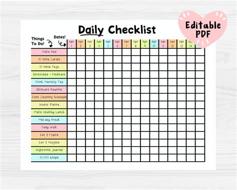 Daily Checklist Template Editable PDF Etsy
