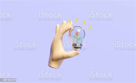 3d 손은 보라색 배경에 격리된 전구를 들고 있다 사업 아이디어 팁 은행 개념에 대한 나무 돈 아이콘 최소 추상 3d 렌더링 일러스트레이션 3차원 형태에 대한 스톡 사진 및