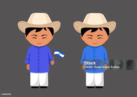 엘살바도르 남성 만화 캐릭터는 국기를 들고 전통 민족 의상을 입고 있다 살바도르 옷을 입은 남자 라틴 아메리카 격리된 평면 벡터