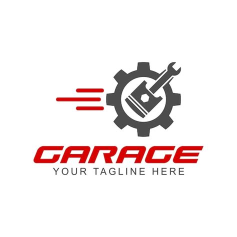 흰색 배경에 격리된 기어 및 피스톤 요소가 있는 자동차 차고 로고 프리미엄 벡터