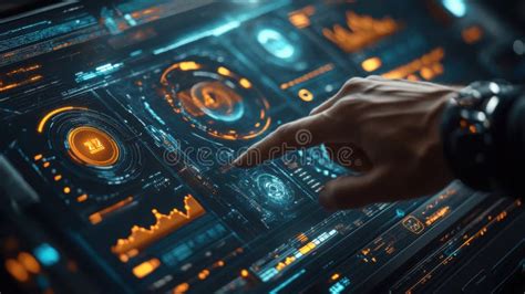 Futuristic Control Interface with Hand Pointing To Holographic Data and Interactive Dashboard ...