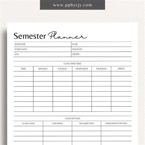 Semester Planner Printable Template Digital Download Academic