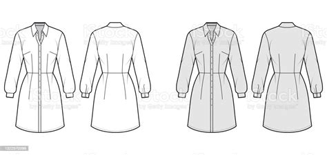 드레스 셔츠 기술 패션 일러스트와 긴 소매 몸에 맞는 무릎 길이 연필 스커트 버튼 클로저 설계도에 대한 스톡 벡터 아트 및 기타