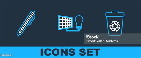 재활용 펜 및 태양 에너지 패널과 전구 아이콘으로 라인 휴지통을 설정합니다 벡터 고정됨에 대한 스톡 벡터 아트 및 기타 이미지 고정됨 깨끗한 다중 색상 Istock