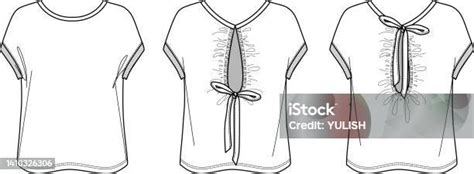 벡터 반소매 티셔츠 패션 Cad 열린 뒤 세부 기술 도면 템플릿 플랫 스케치와 여성 라운드 넥 탑 저지 또는 직물 블라우스 전면 후면보기 흰색 색상 0명에 대한 스톡 벡터