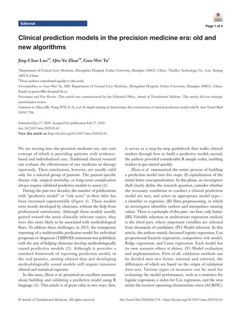 PDF Clinical Prediction Models In The Precision Medicine Era Old And New Algorithms