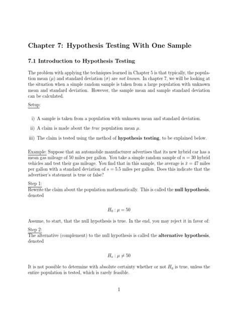 Chapter 7 Hypothesis Testing With One Sample Pdf Statistical