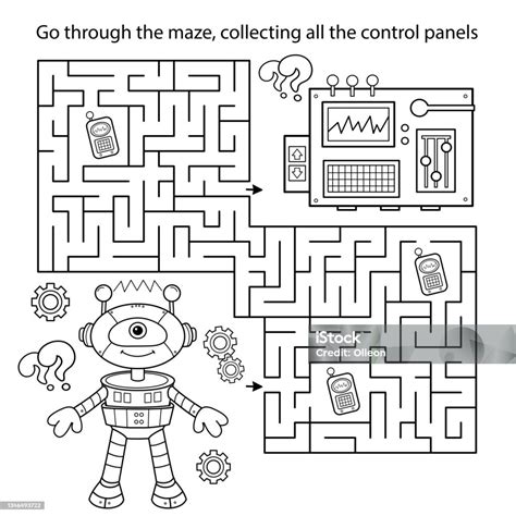 미로 또는 미로 게임 수수께끼 만화 작은 로봇의 색칠 페이지 개요 아이들을위한 색칠 공부책 0명에 대한 스톡 벡터 아트 및 기타 이미지 Istock