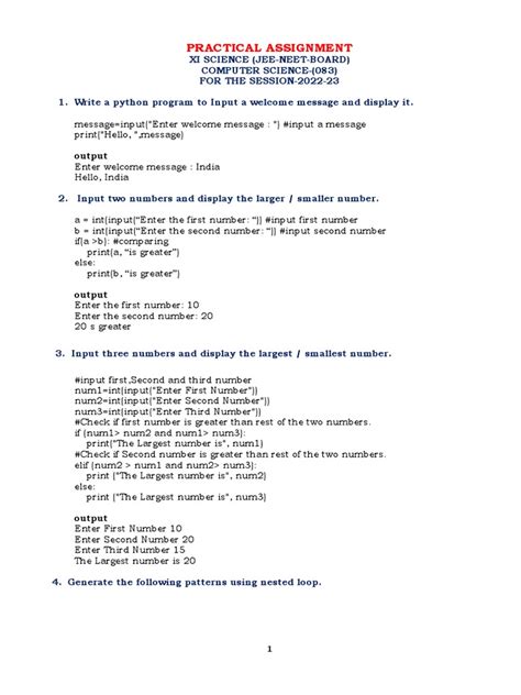 Practical Assignment Xi Sc Cs 2022 23 Pdf Elementary Mathematics Software Engineering
