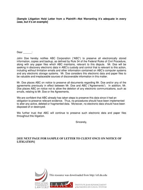 Fillable Online Sample Litigation Hold Letter From A Plaintiffnot Warranting Its Adequate In