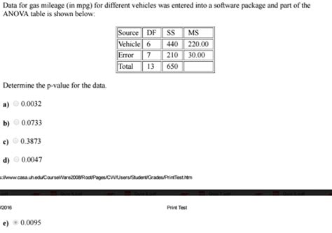 Solved Data For Gas Mileage In Mpg For Different Vehicles Chegg Com