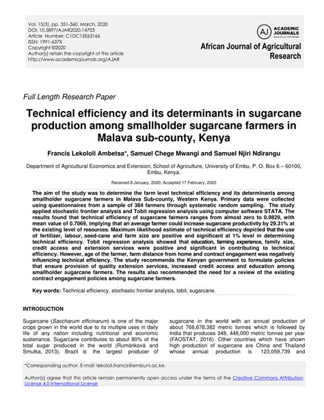 Pdf Technical Efficiency And Its Determinants In Sugarcane Production