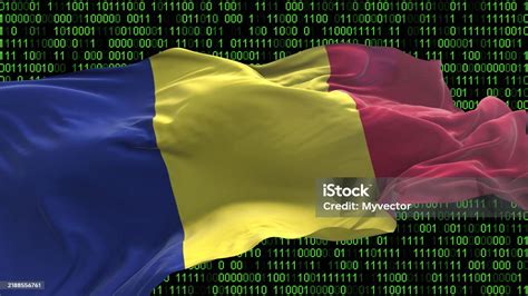 루마니아 국기 이진 코드가 있는 매트릭스 디지털 배경에 3d 사실적인 물결 깃발 0명에 대한 스톡 사진 및 기타 이미지 0명 국기 기 Istock